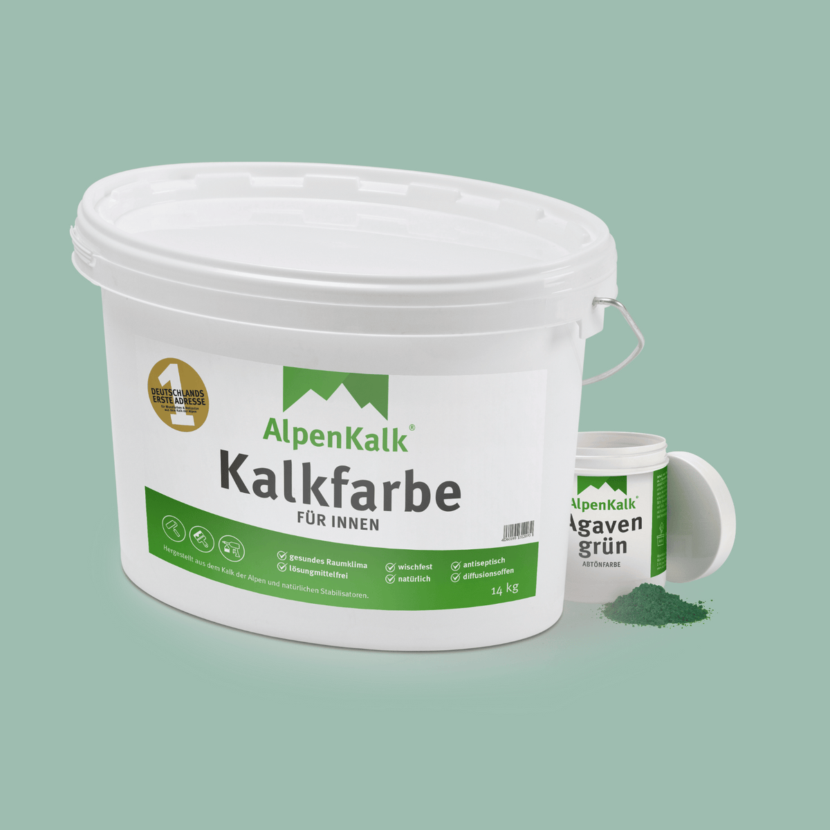 Kalkfarbe INNEN 14 kg Agaven-Grün (65 m²) — AlpenKalk GmbH
